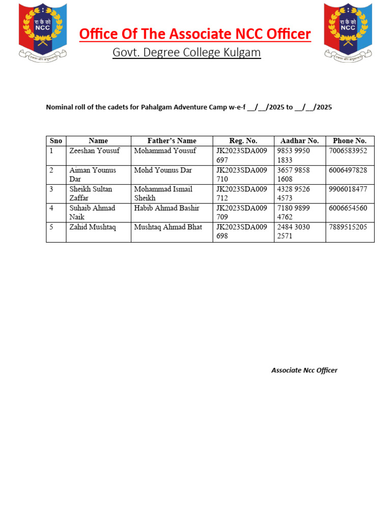 NCC Cadets Nominal Roll for 2025 | PDF