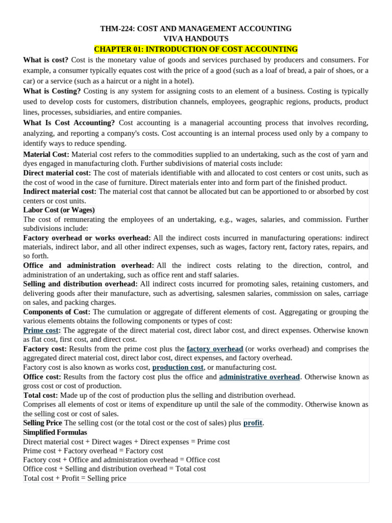 THM 224 Cost and MGT Accounting Viva Handouts | PDF | Cost | Opportunity Cost