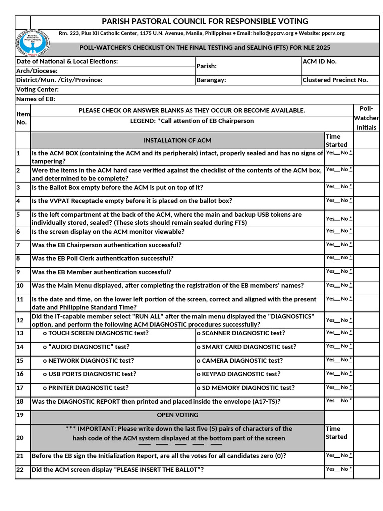 PPCRV FTS Checklist NLE 2025 | PDF | Ballot | Accountability