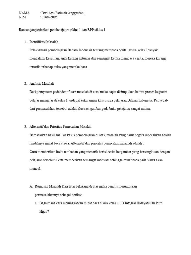 Rancangan Perbaikan Pembelajaran Dan RPP SIKLUS 1 | PDF