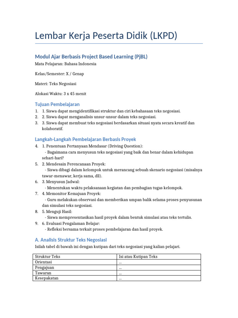 LKPD Modul Ajar PJBL Bahasa Indonesia Kelas X Teks Negosiasi | PDF