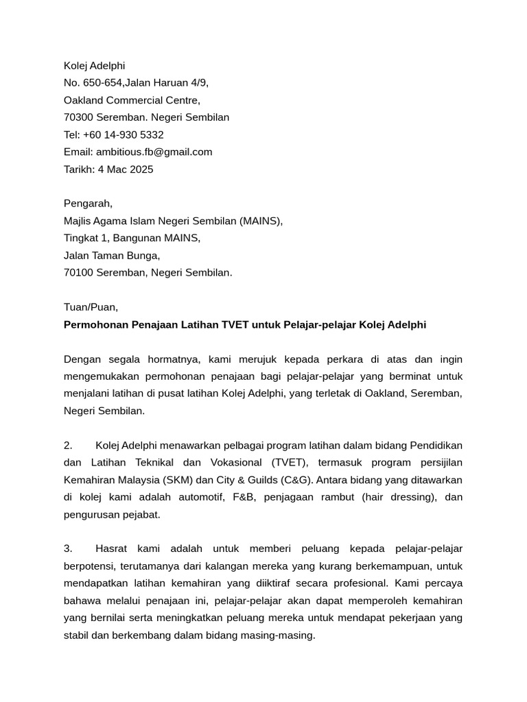 Surat Permohonan Penajaan MAINS | PDF