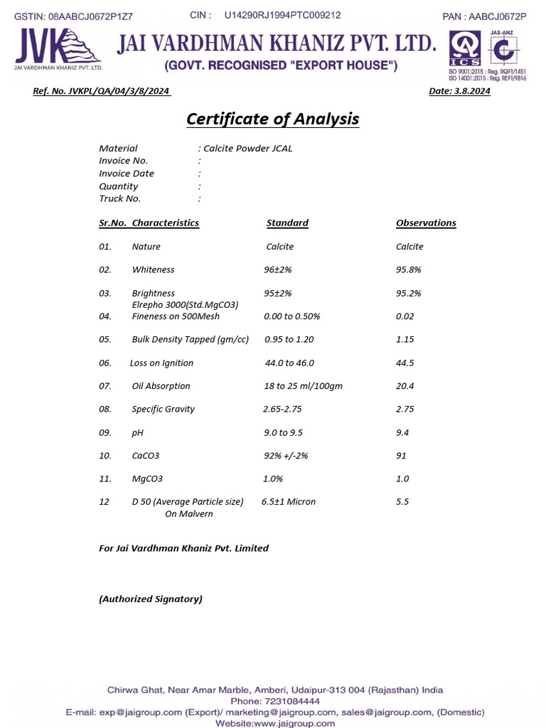 Certificate of Analysis for Calcite Powder | PDF