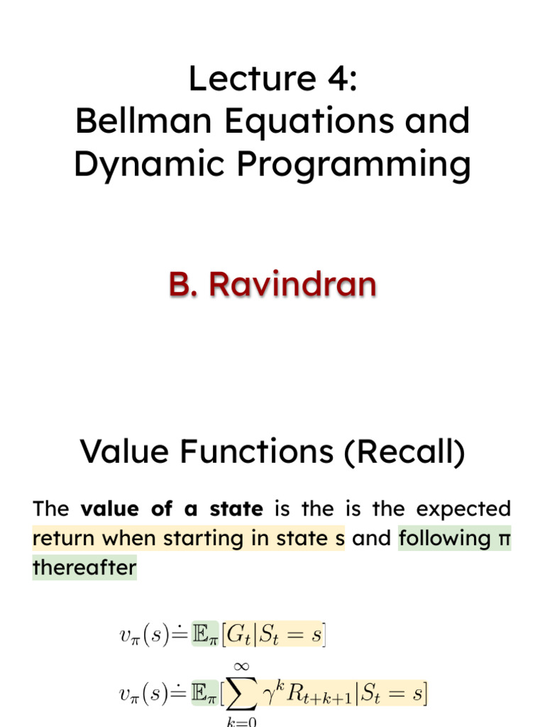 Lecture 4 Bellman Equations And Dp Pdf Dynamic Programming