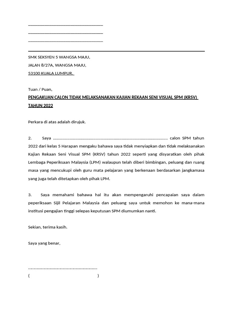 Surat Perakuan Calon Tak Hantar KRSV | PDF