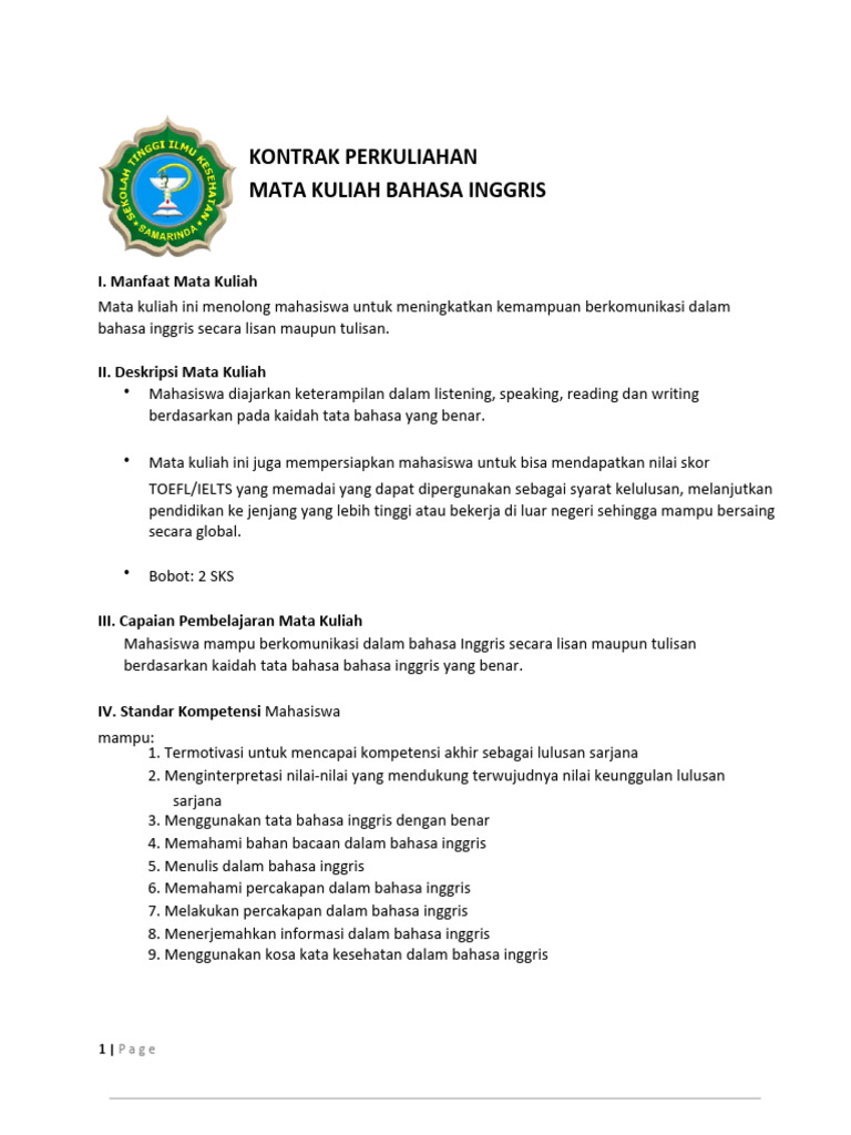 Kontrak Perkuliahan Matkul Bhs Inggris 15 Mar 25.Pdf - 20250315 - 110717 - 0000 | PDF