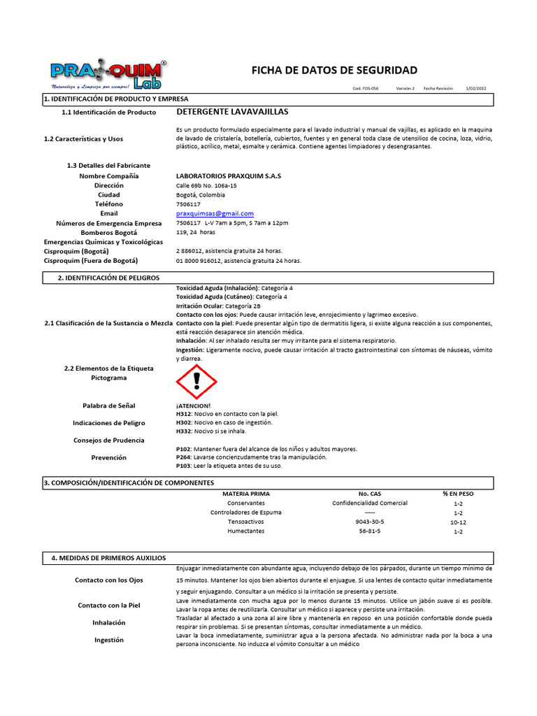 Hoja de Seguridad Detergente Lavavajillas | PDF | Agua | Toxicidad