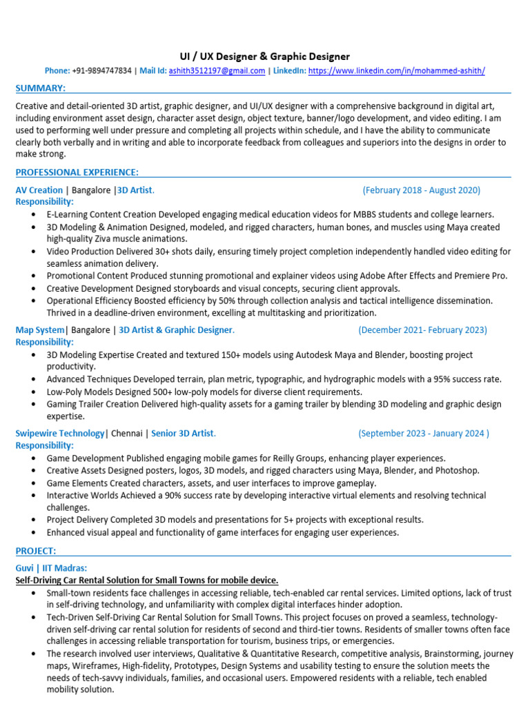Mohammed Ashith Ui Ux & Graphic Designer Resume | PDF | Usability | Computing