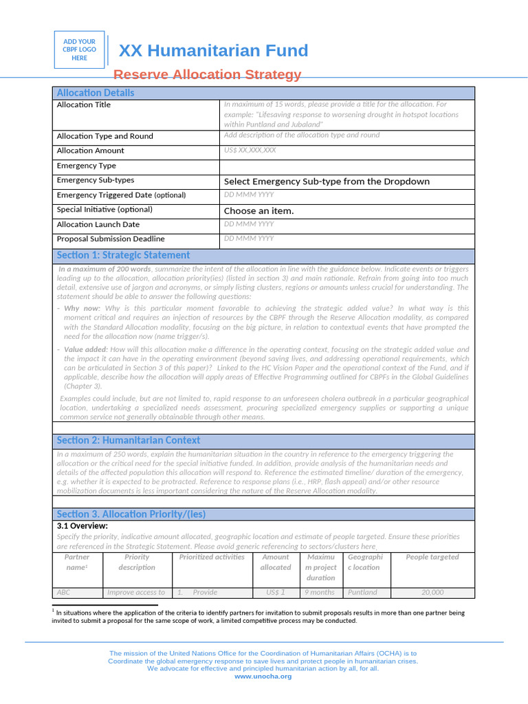 Annex 2. Allocation Strategy Template Reserve Allocation - V2 | PDF | Central Emergency Response ...