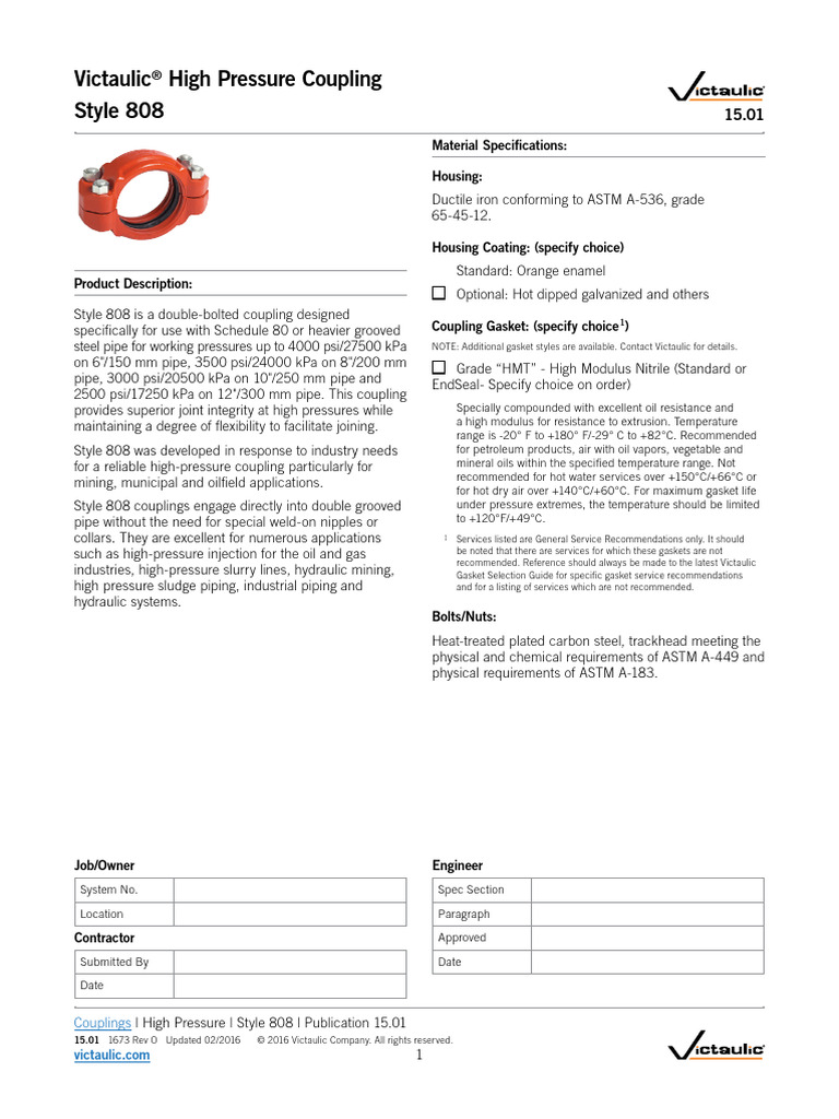 Victaulic Style 808 High-Pressure Coupling | PDF | Pipe (Fluid ...