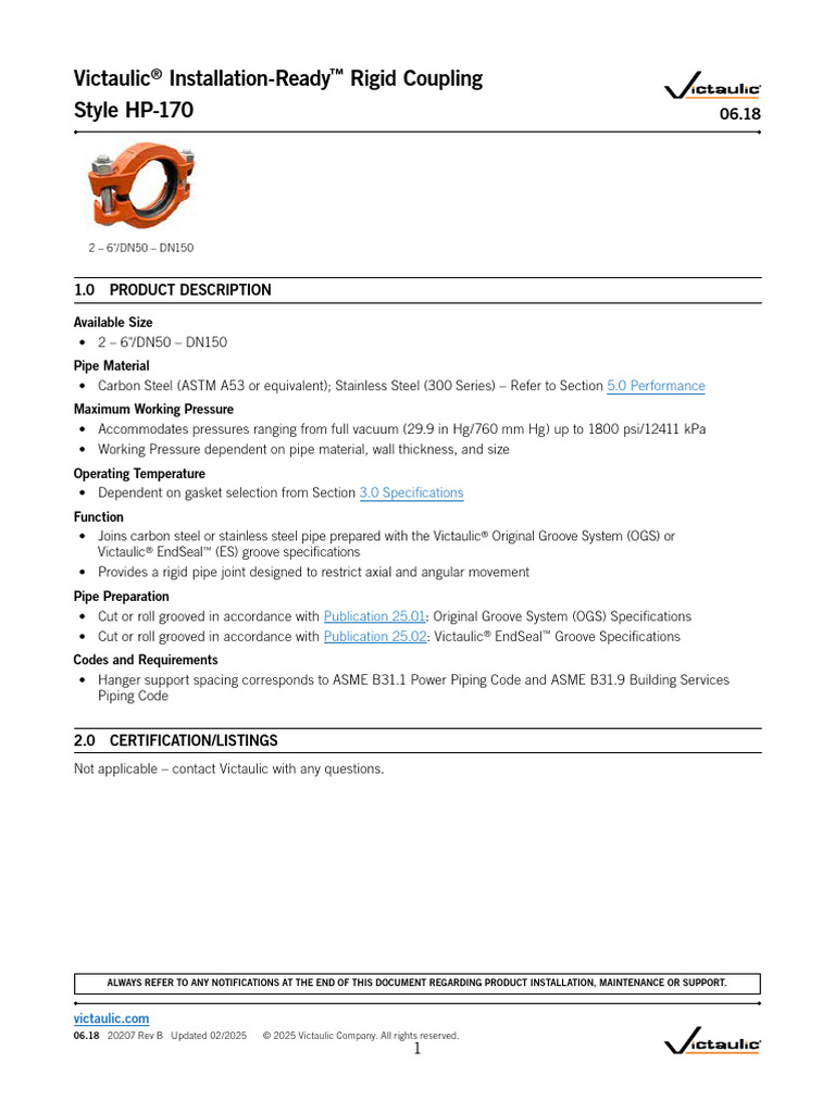 06.18 Victaulic HP-170 Rigid Coupling | PDF | Pipe (Fluid Conveyance) | Patent