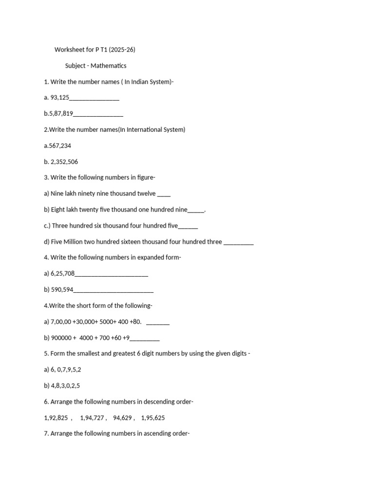 PT1 Maths Worksheet For Class 4 (2025-26) | PDF