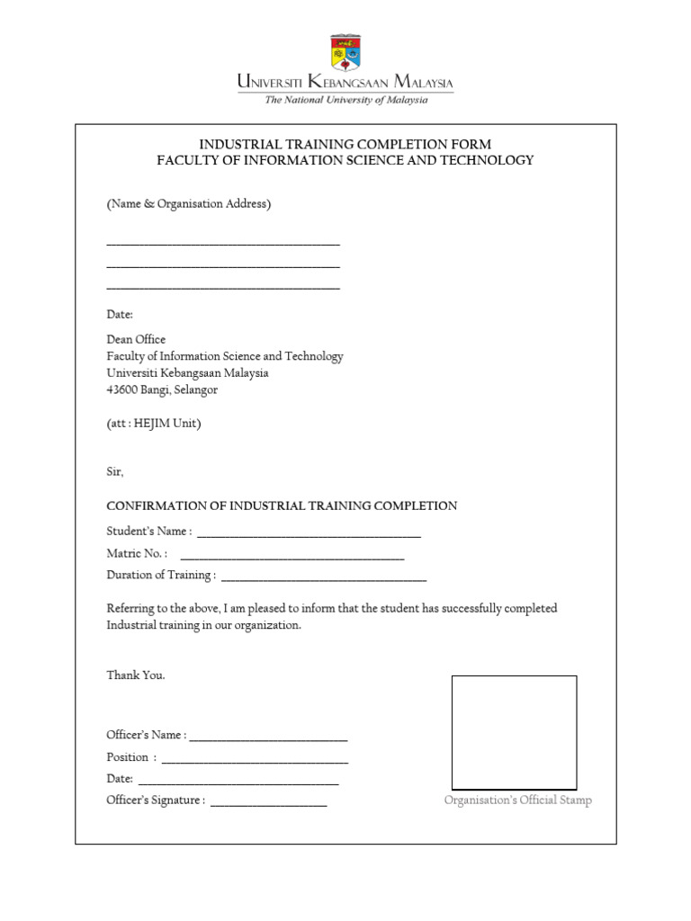 Industrial Training Completion Form | PDF