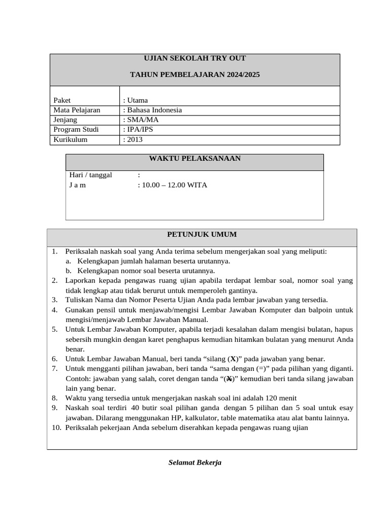 Soal Bindo Try Out 2025 | PDF