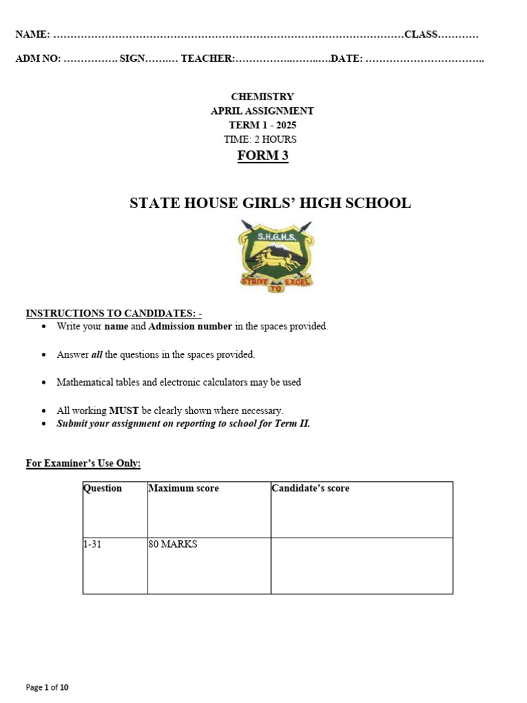 Chemistry Form 3 - April Holiday Assignment Assignment - Form 3 - Chemistry | PDF | Chemical ...