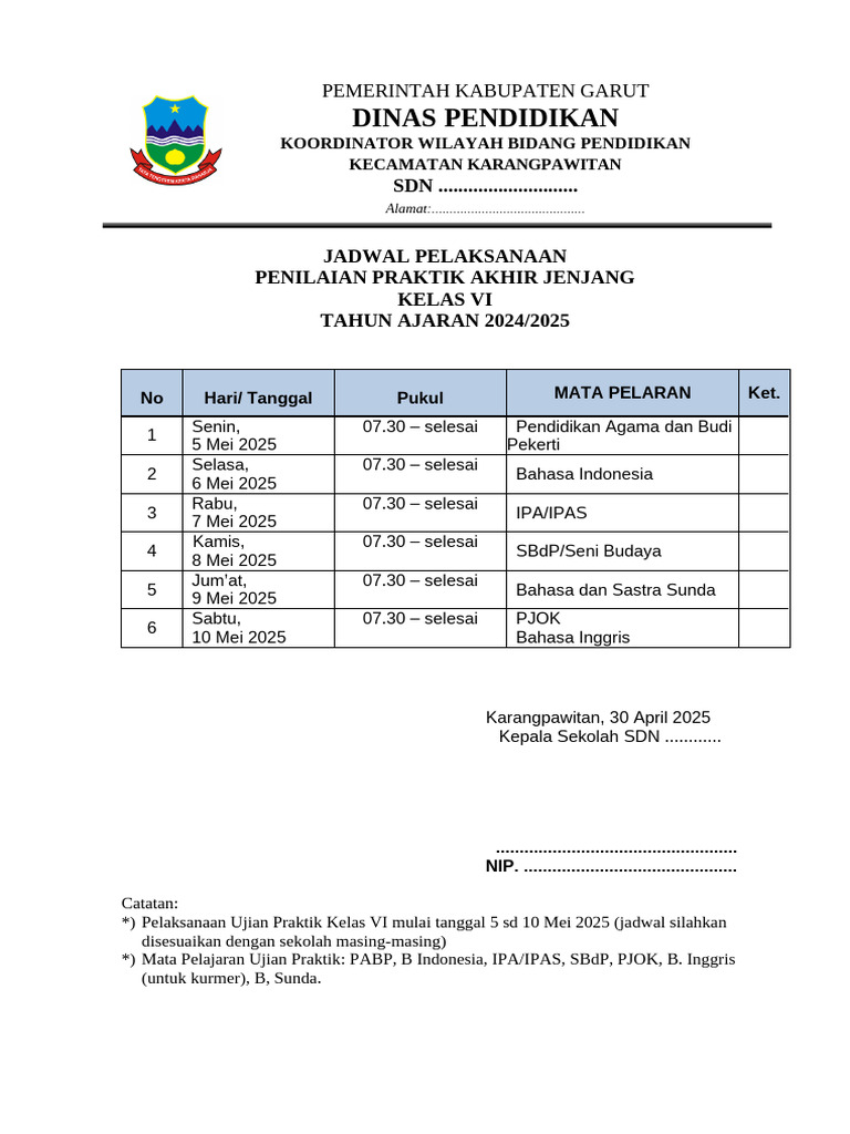 Jadwal Psat Dan Psaj Kelas 6 TP 2024-2025 Sd...... Kecamatan Karangpawitan | PDF