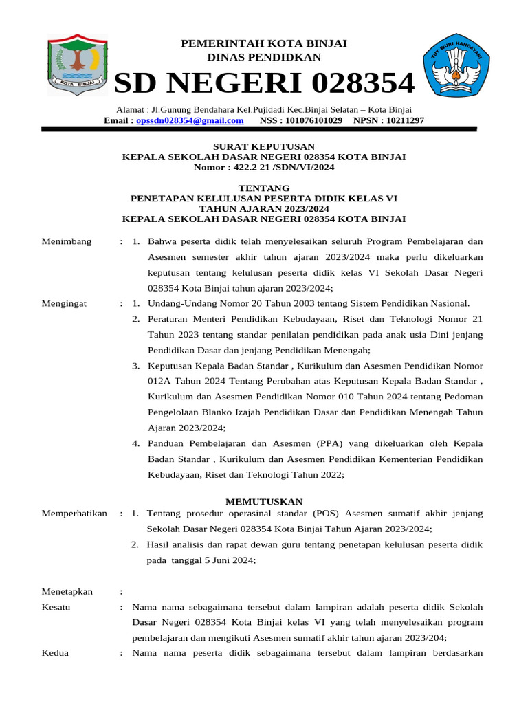 SK Penetapan Kelulusan KLS 6 2024 | PDF