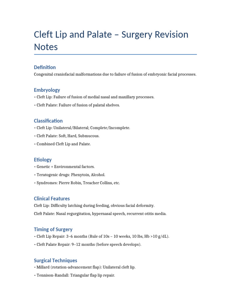 Cleft Lip and Palate Surgery Notes | PDF