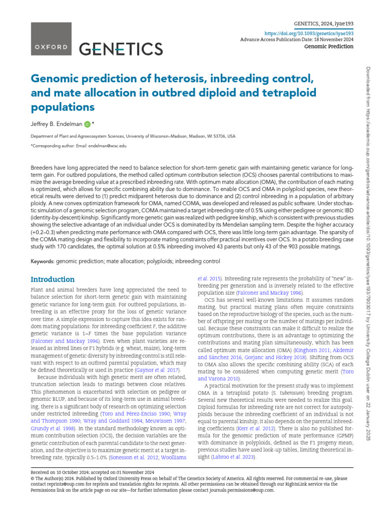 Genetic Prediction of Endelman Et Al 2025. Heterosis, Inbreeding ...