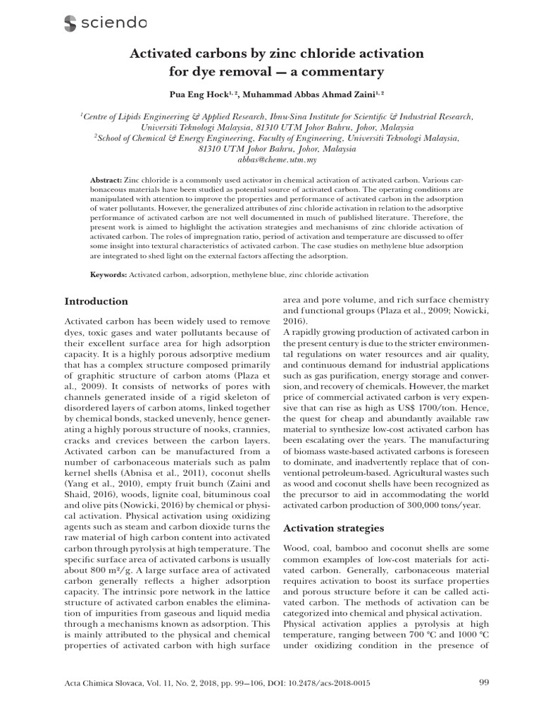 Activated Carbons by Zinc Chloride Activation For | PDF | Adsorption | Chemistry