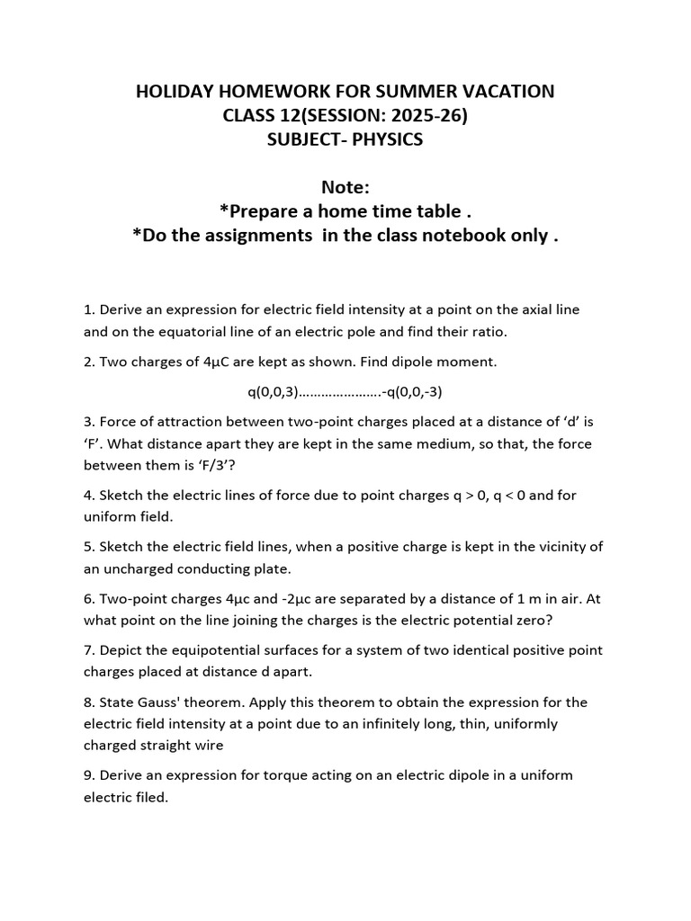 Class Xii Physics Holiday Homework (Summer) | PDF | Applied And ...