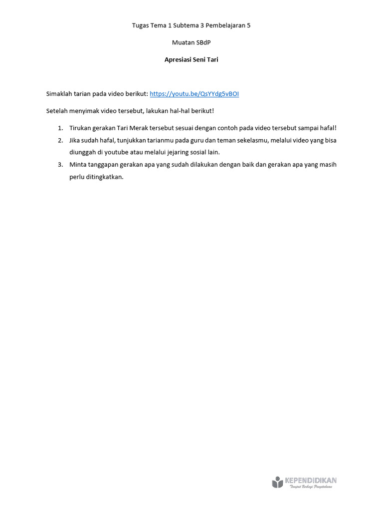 Tugas Tema 1 Subtema 3 Pembelajaran 5 (SBdP) | PDF