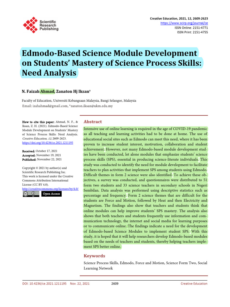 Ahmad 2021 - Edmodo Based Science Module Development On Students' Mastery of Science Process ...