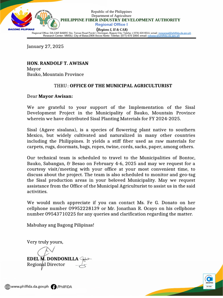 PHILFIDA Letter To Mayor Awisan RE Sisal Development Project FY 2025 ...