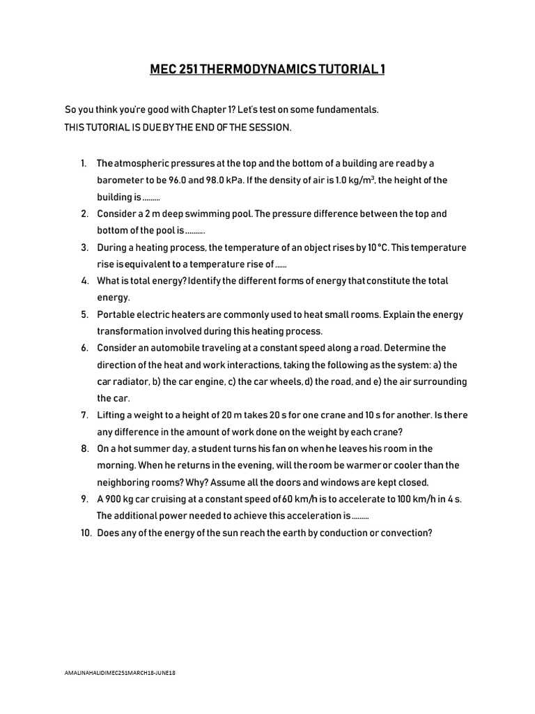 Mec 251 Thermodynamics Tutorial 1 | PDF