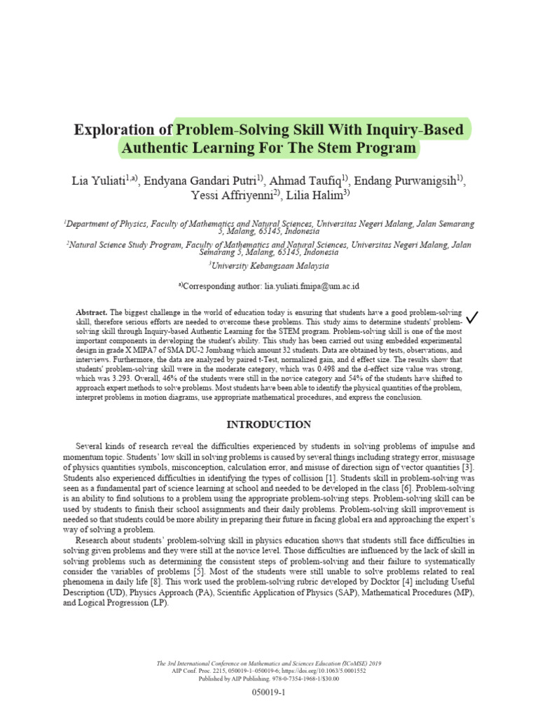 Yuliati 2019 - Exploration of Problem-Solving Skill With Inquiry-Based ...