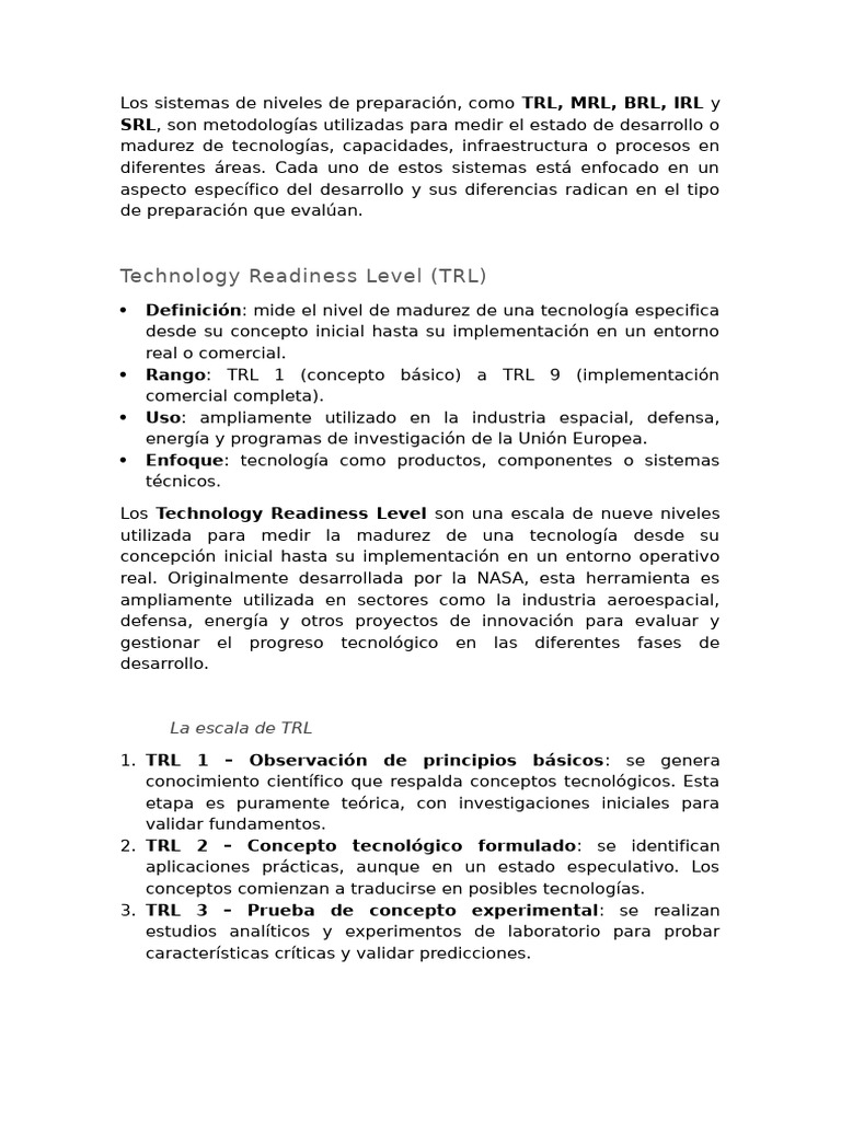 Niveles de Preparación: TRL, MRL y BRL | PDF | Planificación