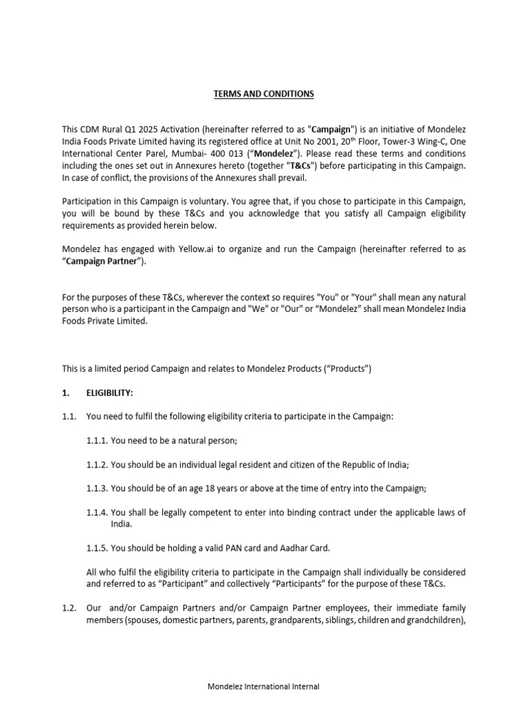 Campaign TNCs - Template - CDM Rural - Q1 | PDF | Identity Document | Legal Liability