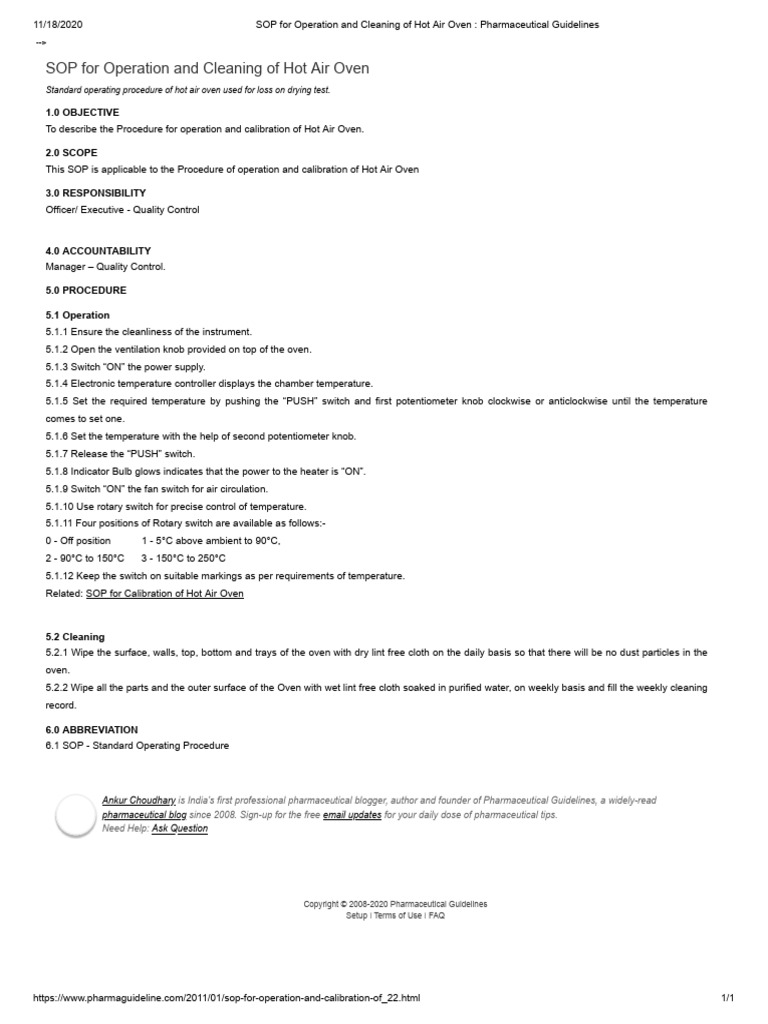 SOP For Operation and Cleaning of Hot Air Oven - Pharmaceutical ...