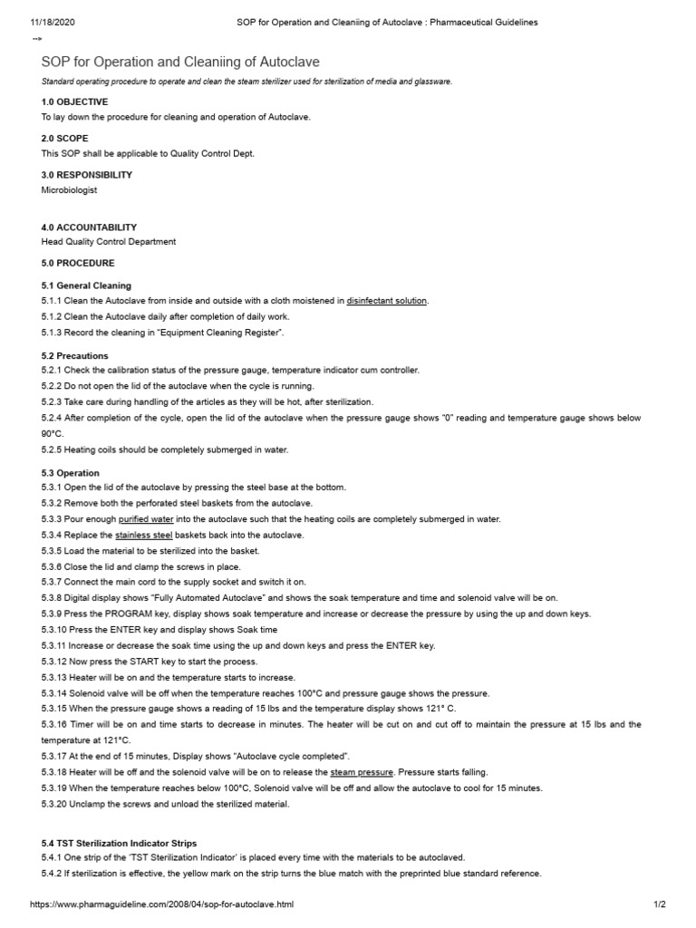 SOP For Operation and Cleaniing of Autoclave - Pharmaceutical ...