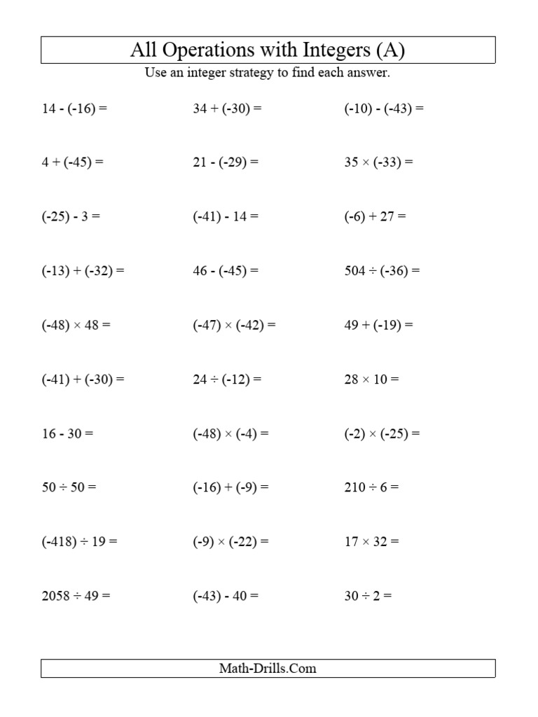 Integer Operations Worksheet Answers | PDF