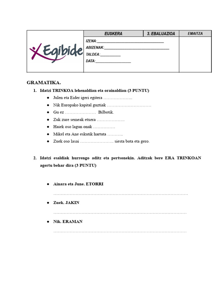 (2ºa) Aditz Trinkoak Azterketa | PDF