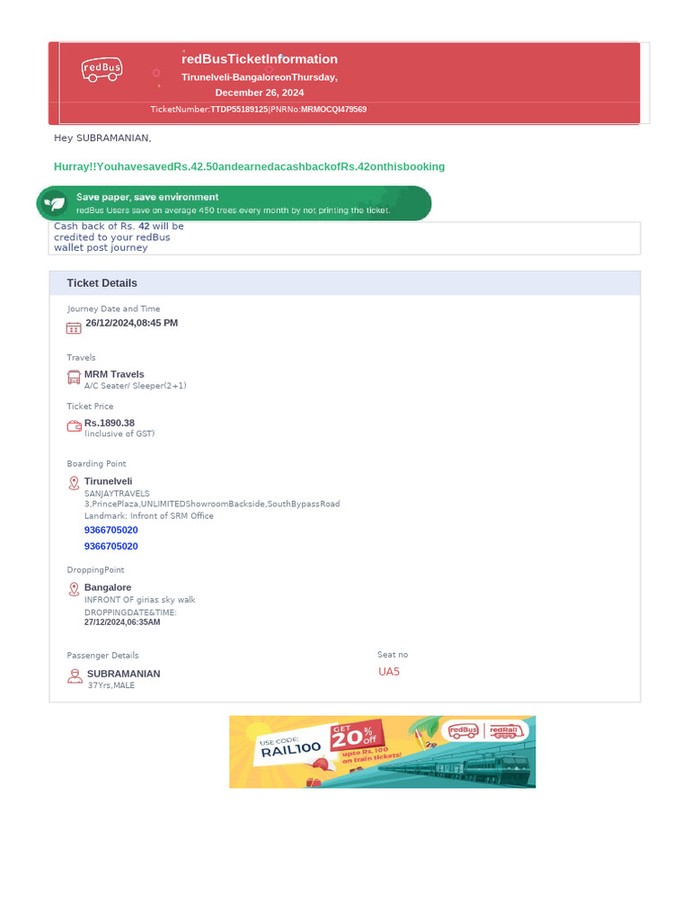 redBus Ticket Confirmation: Tirunelveli to Bangalore | PDF