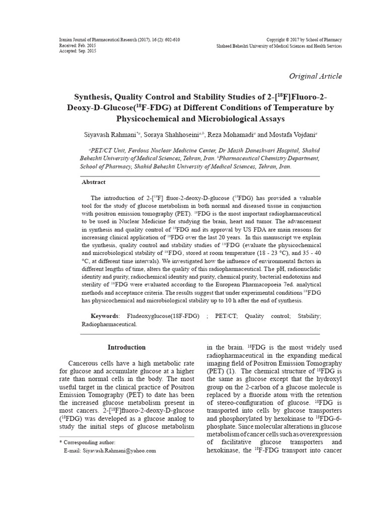 Synthesis, QC & Stability FDG | PDF | Positron Emission Tomography ...