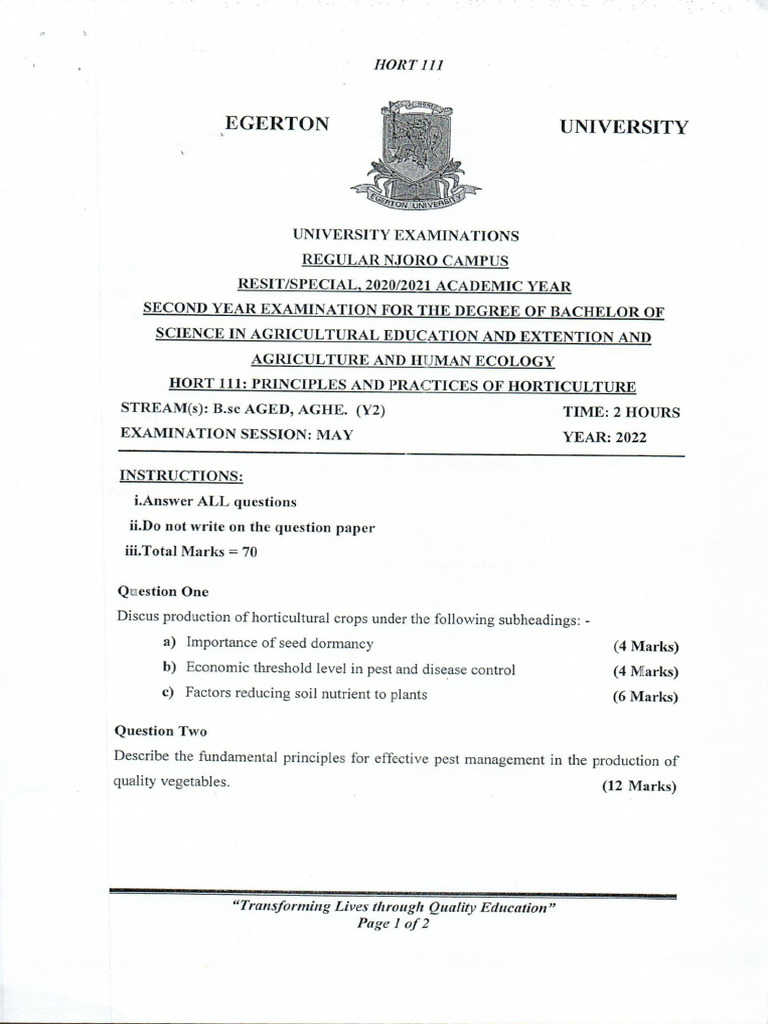 Hort 111 Principles and Practices of Horticulure May 2022 | PDF