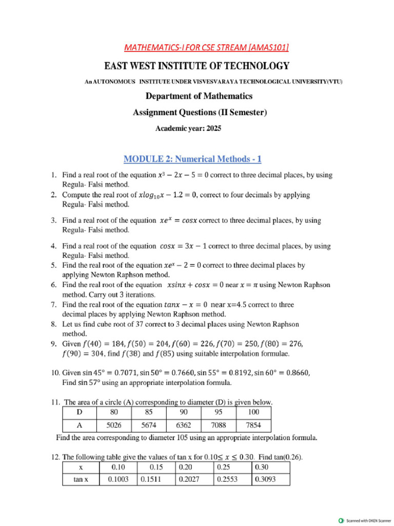 2nd Sem Maths Assignment Numerical Methods-1 (CSE) | PDF