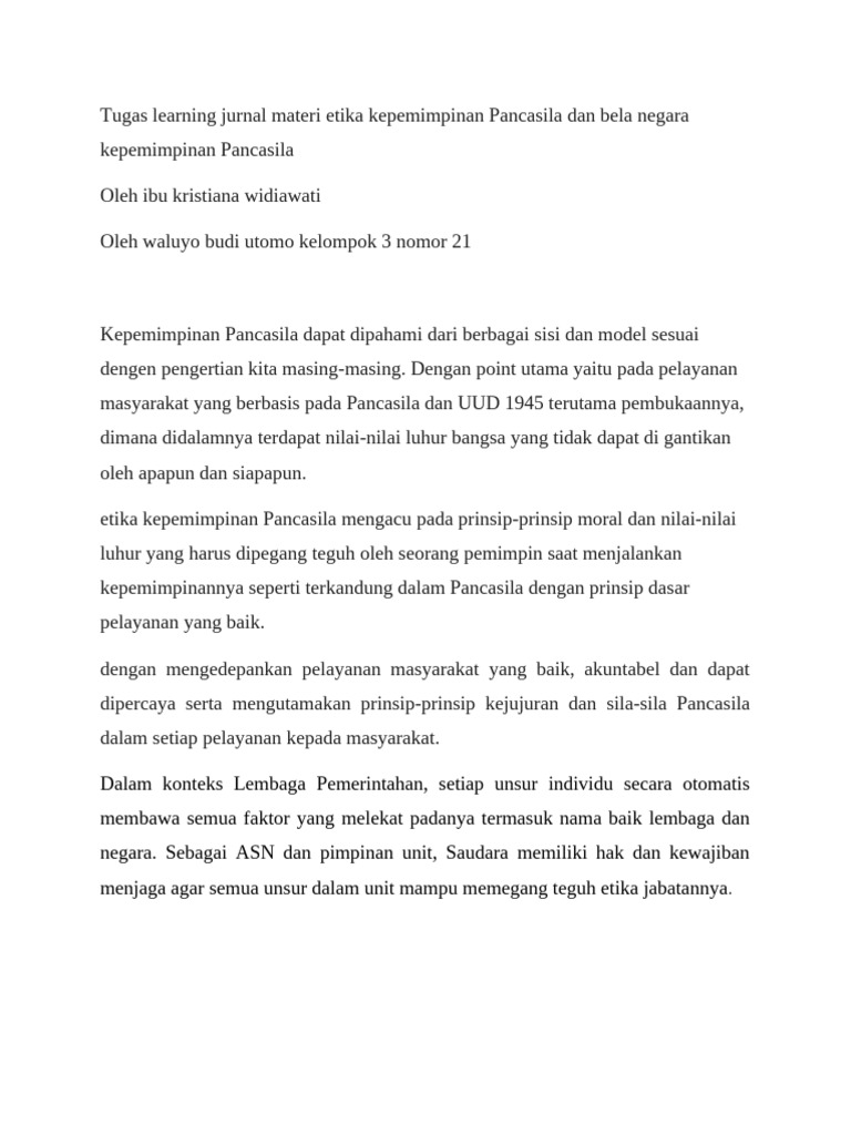 Tugas learning jurnal materi etika kepemimpinan Pancasila dan bela negara kepemimpinan Pancasila ...