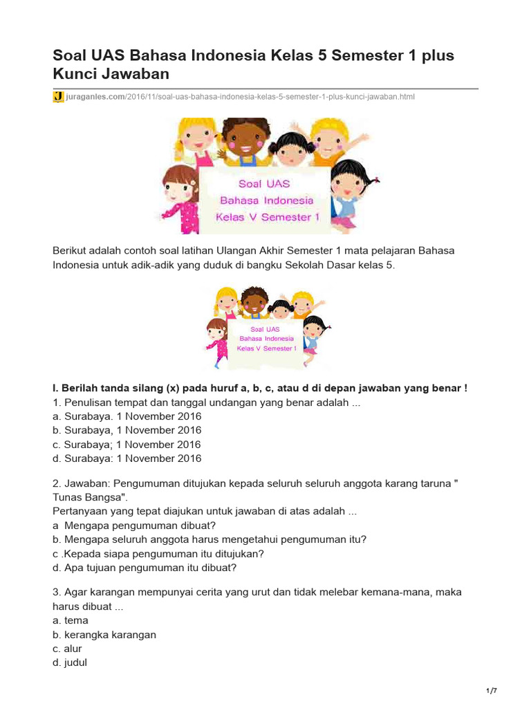 Soal UAS Bahasa Indonesia Kelas 5 Semester 1 Plus Kunci Jawaban | PDF