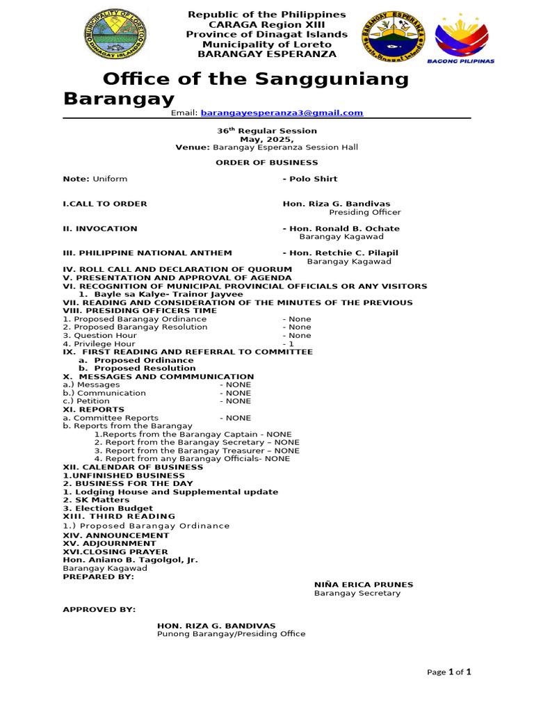 Order of Business For 36th Regular Session May 5, 2025 | PDF