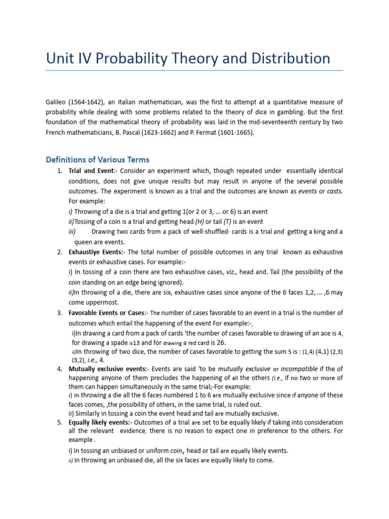 Unit IV Probability Theory and Distribution | PDF | Probability ...