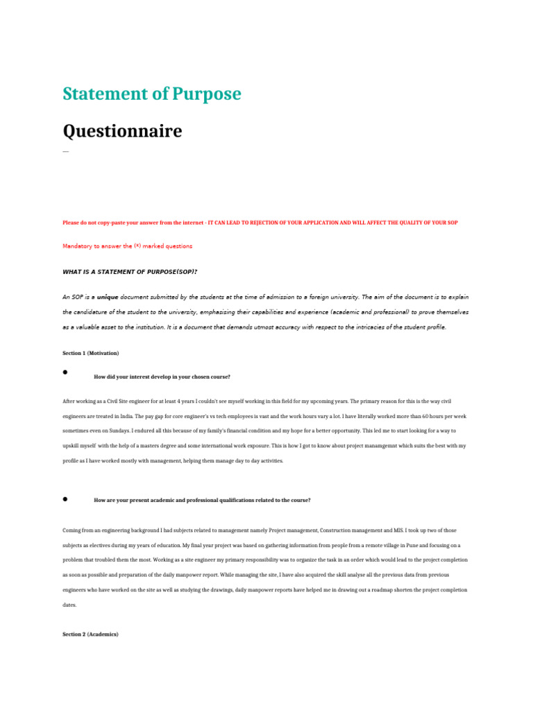 Statement of Purpose Questionnaire - Editorial Team, Leverage Edu (1 ...