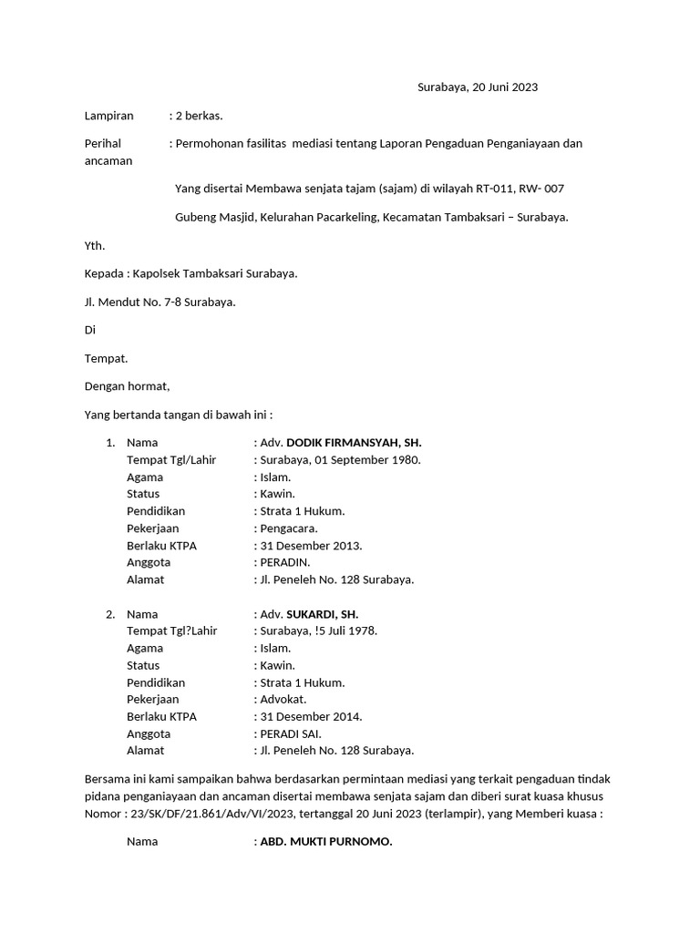 Permohonan Fasilitas Mediasi Pornomo | PDF