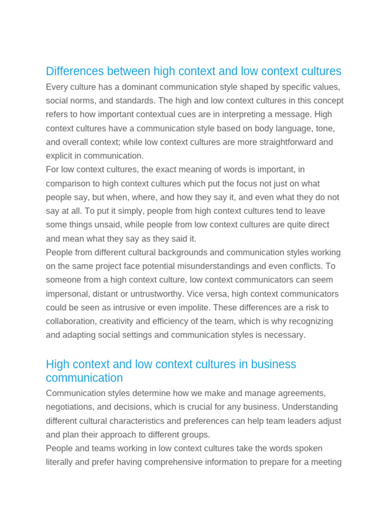 Differences between high context and low context cultures | PDF ...