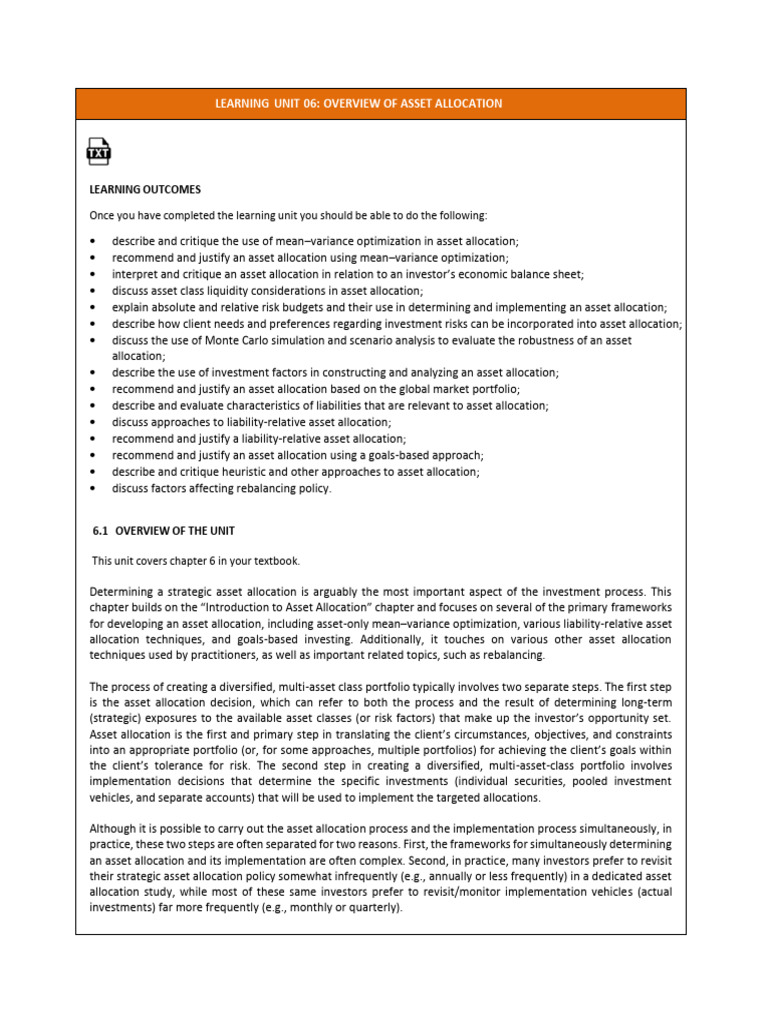 06 Overview of Asset Allocation | PDF | Asset Allocation | Risk