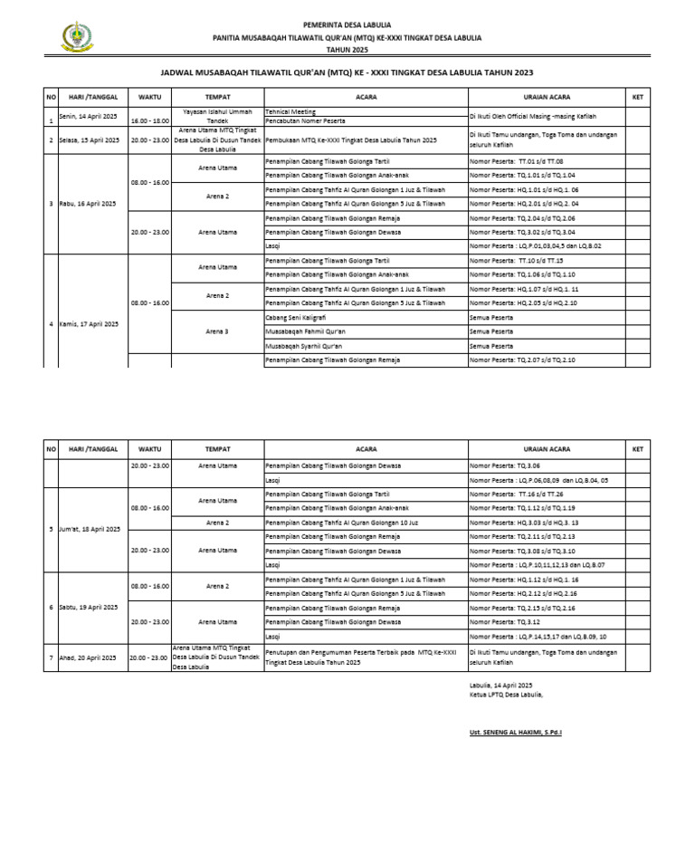 Jadwal MTQ. 2025 | PDF