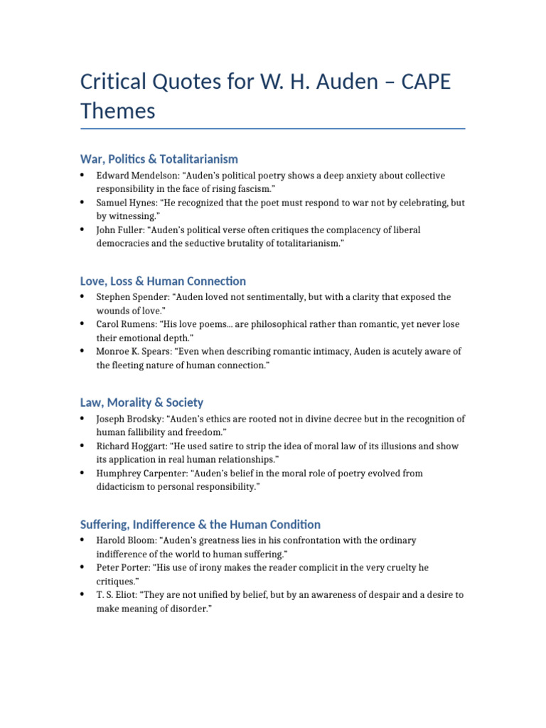 Auden Critical Quotes by Theme | PDF